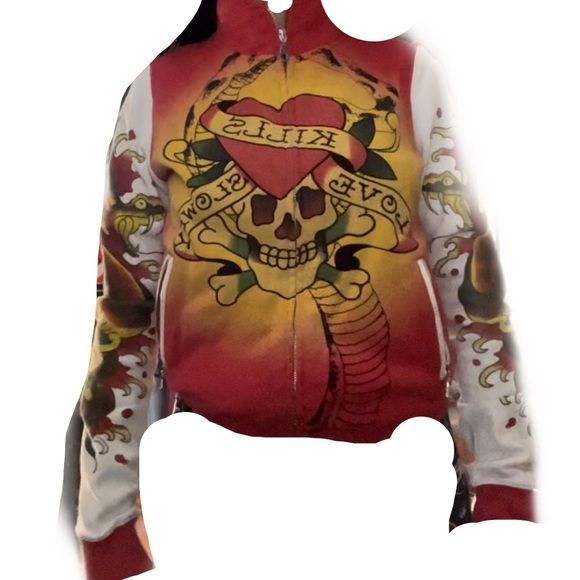Ed Hardy | Jackets & Coats | Red And White Ed Hardy Collared Jacket ...